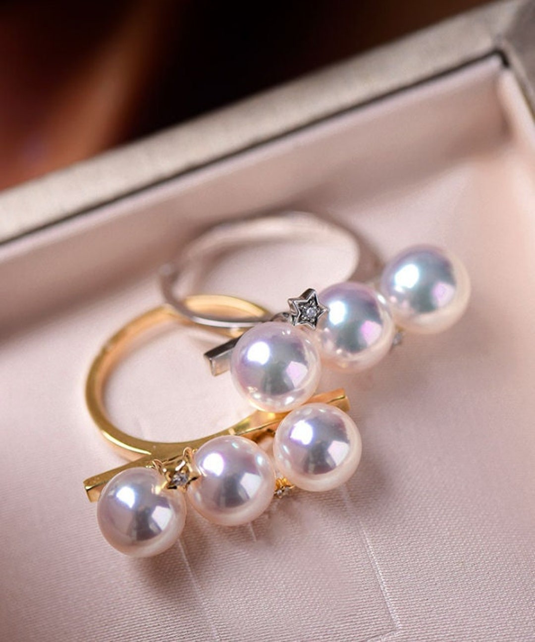 Three Akoya Pearl & Diamonds 18K Ring, 18k Solid White Gold Cluster Pearl Ring, Star Polaris ...