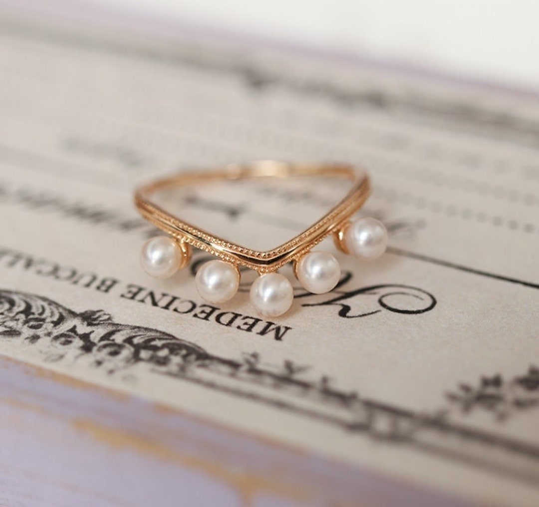 Five Freshwater Pearl Dainty Ring, Handmade 18K Solid Yellow Gold Ring ...