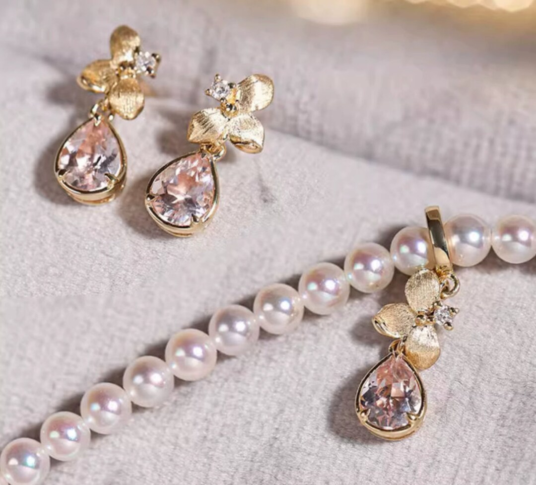 Golden Freesia Iris Pink Morganite 18k Necklace Earrings Jewelry Set ...