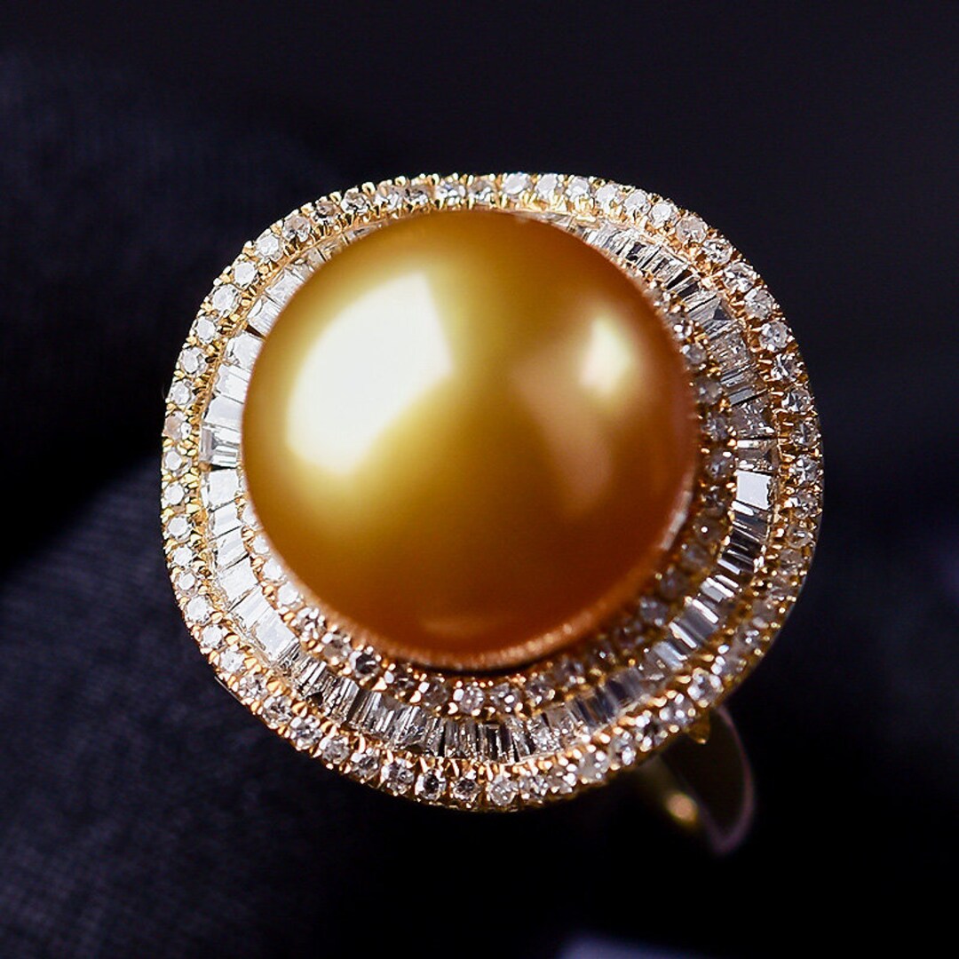 5A Natural Golden South Sea Pearl & White Diamond Ring 18K Solid Yellow ...