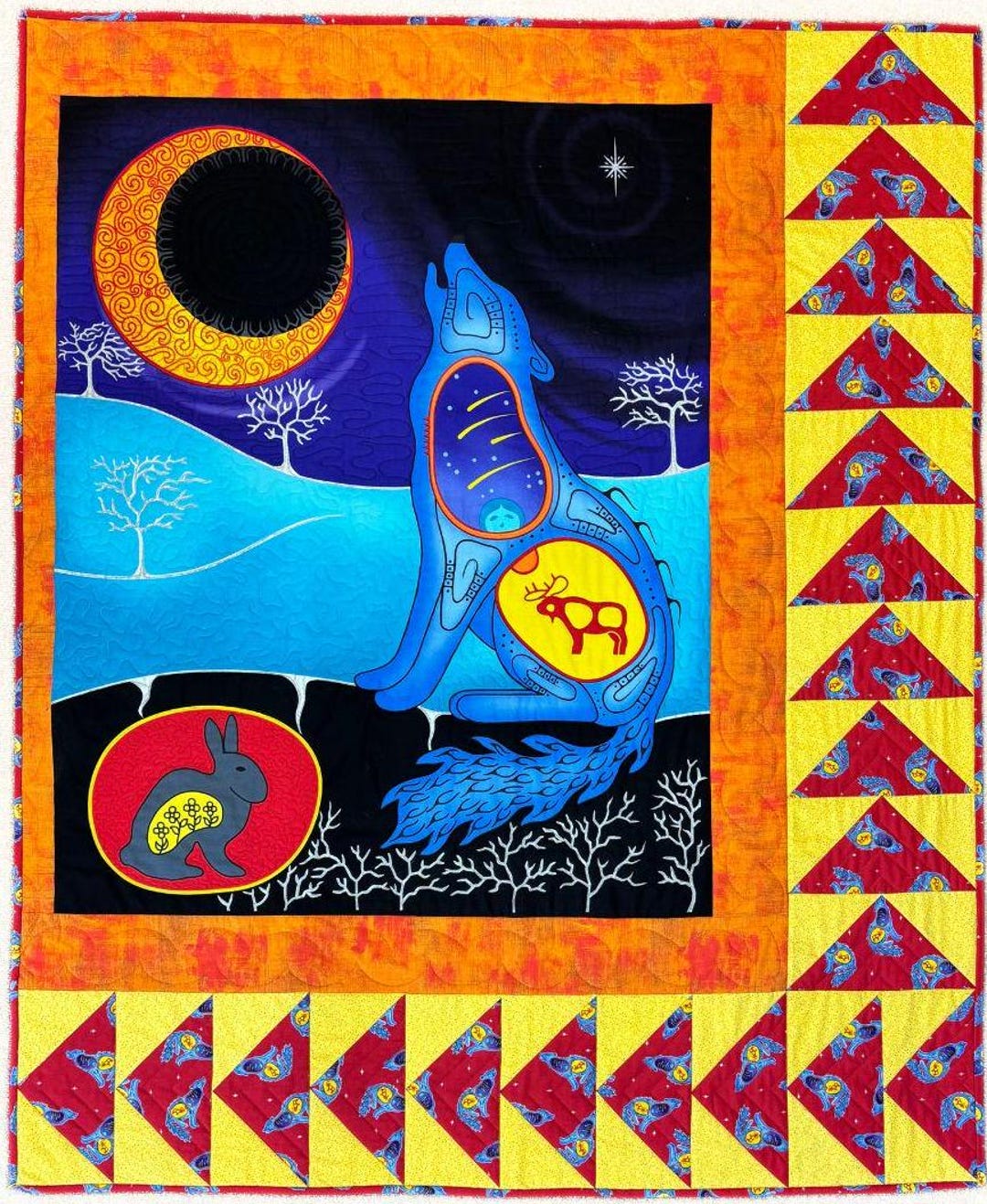 Traditional Woodland Art Quilt Indigenous Home Decor Howling Wolf Quilt ...