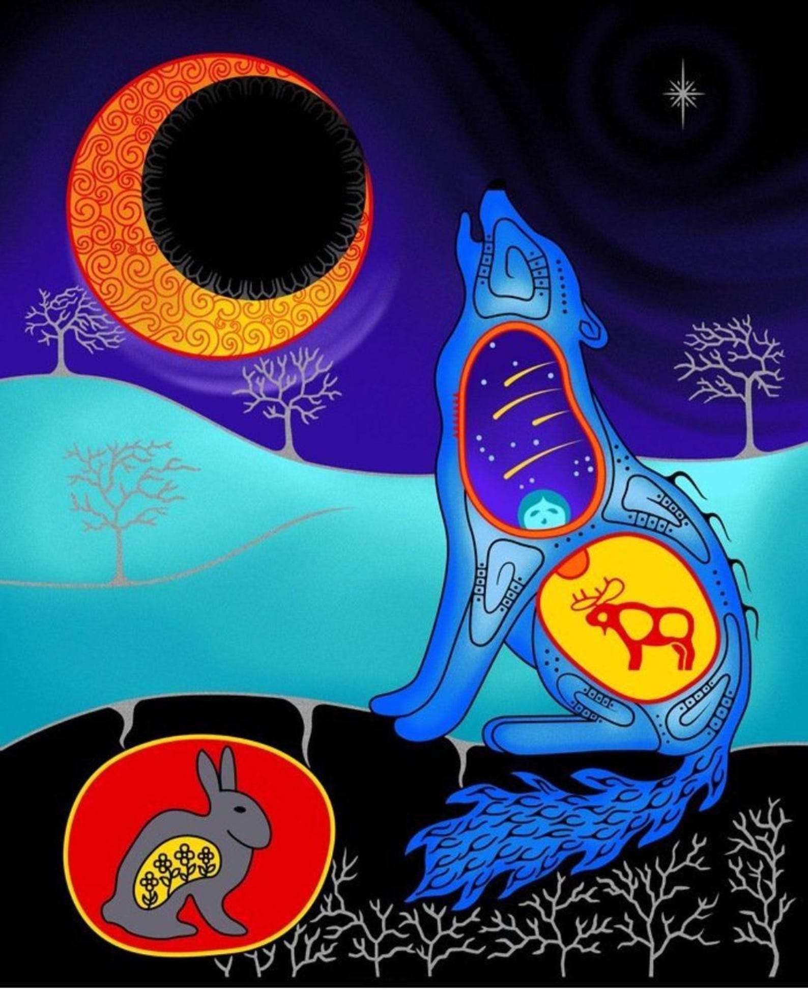 Loretta Gould Wolf Print Cotton Indigenous Art Quilt Cotton With Wolf ...