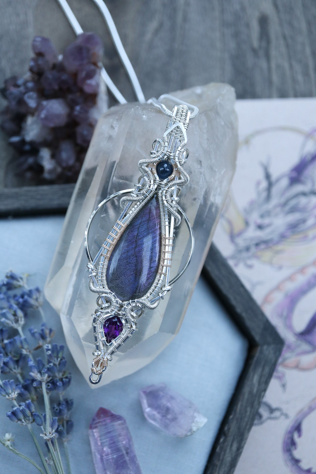 Purple Labradorite Amethyst and Sapphire Silver Wire Wrap Pendant ...