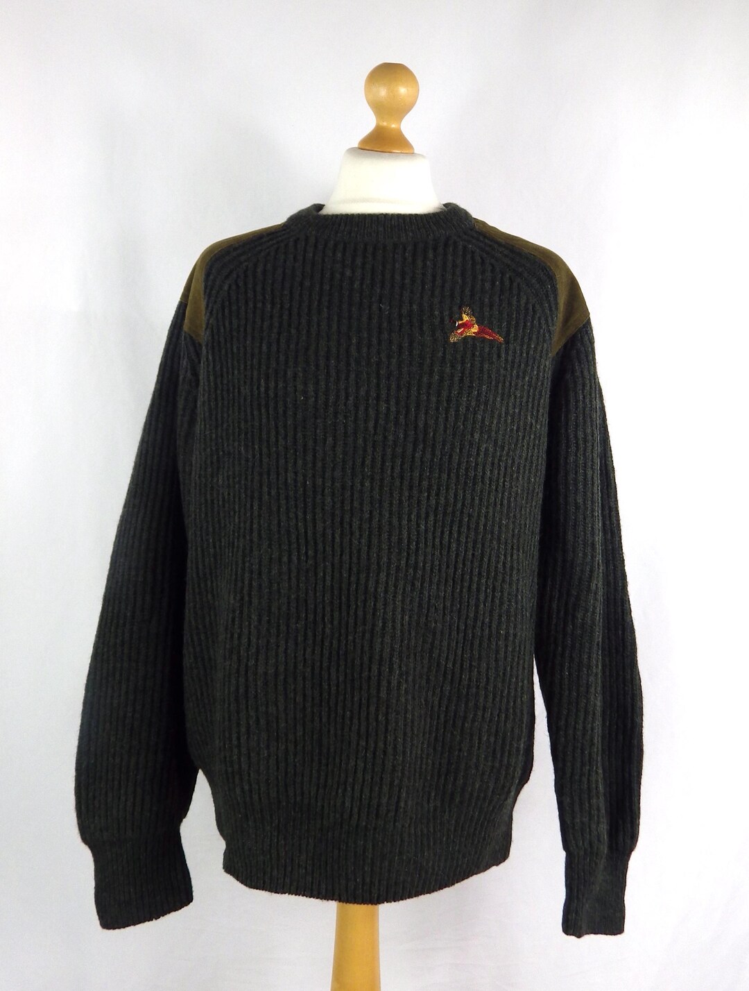 Vintage Khaki Green Pure Wool Ribbed Mens Shooting Hunting Sweater ...