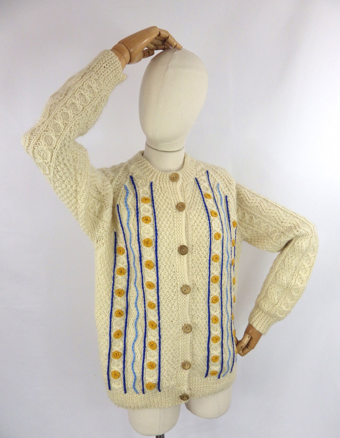 Vintage Hand Knit Wool Cardigan: Majorelle Embroidered Aran Sweater, M ...