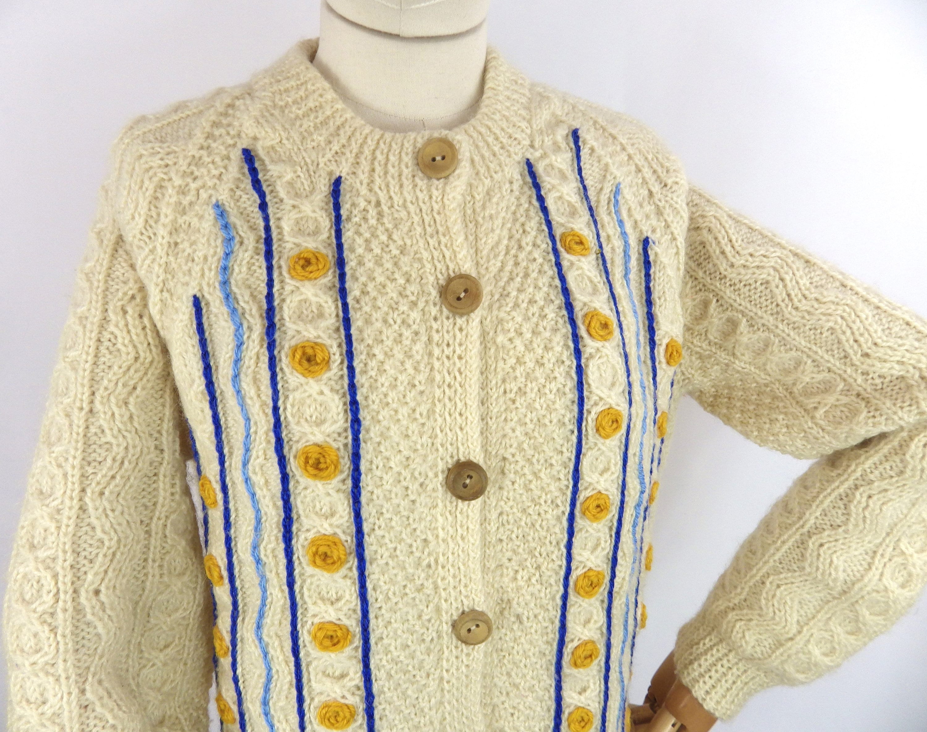 Vintage Hand Knit Wool Cardigan: Majorelle Embroidered Aran Sweater, M ...