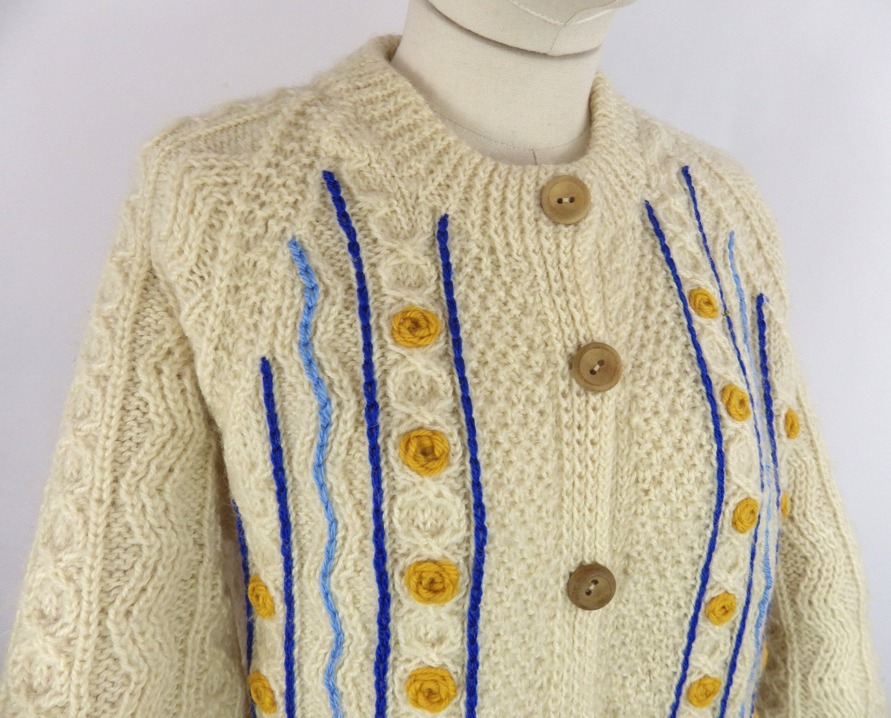 Vintage Hand Knit Wool Cardigan: Majorelle Embroidered Aran Sweater, M ...