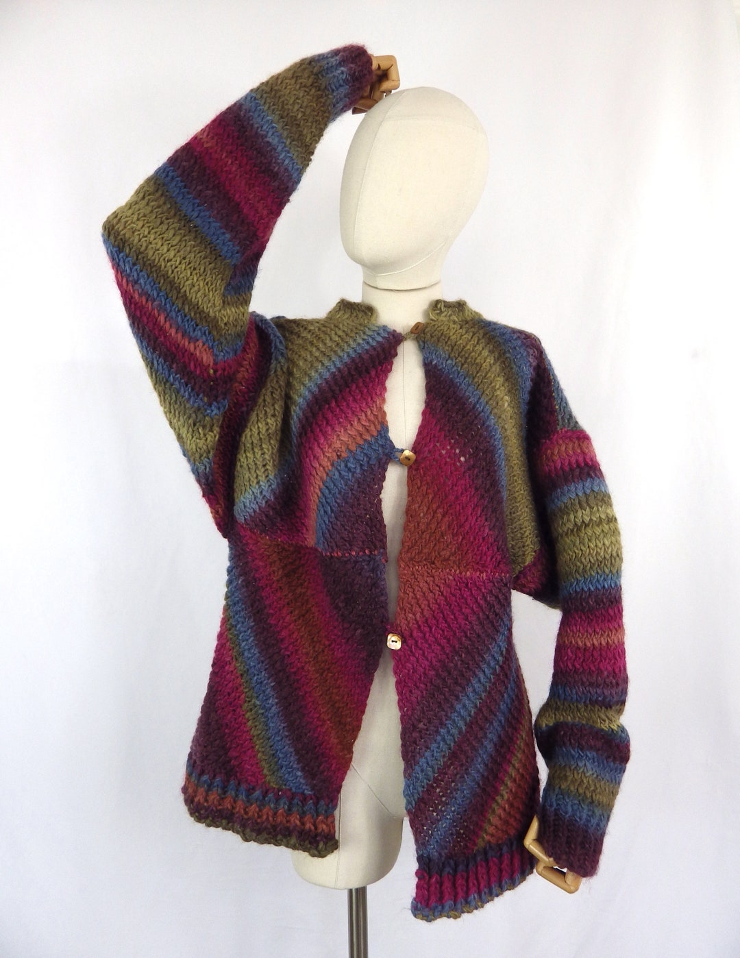 Vintage Soft Hand Knit Multicolour Statement Cardigan Sweater Diagonal ...