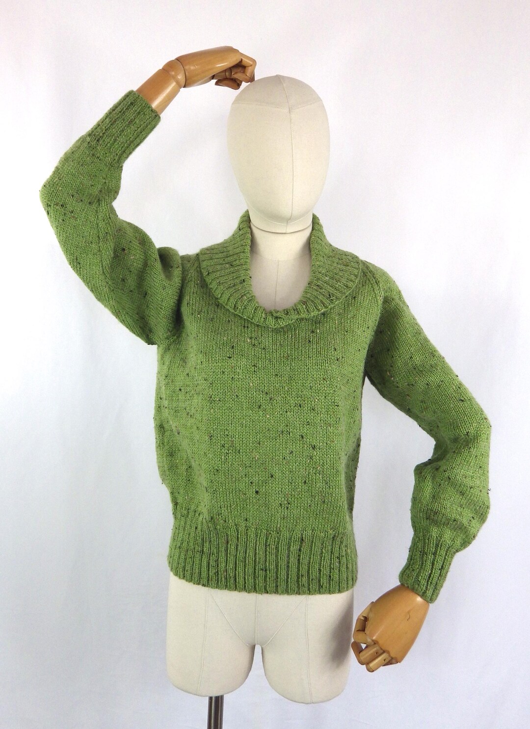 Vintage Hand Knit Wool Blend Sweater, Green Flecked Collar, UK Size 10 ...