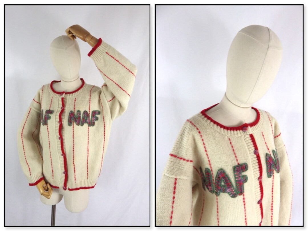 Rare Vintage Naf Naf Pure Wool Applique Cardigan Cream Tartan Bust 43 ...