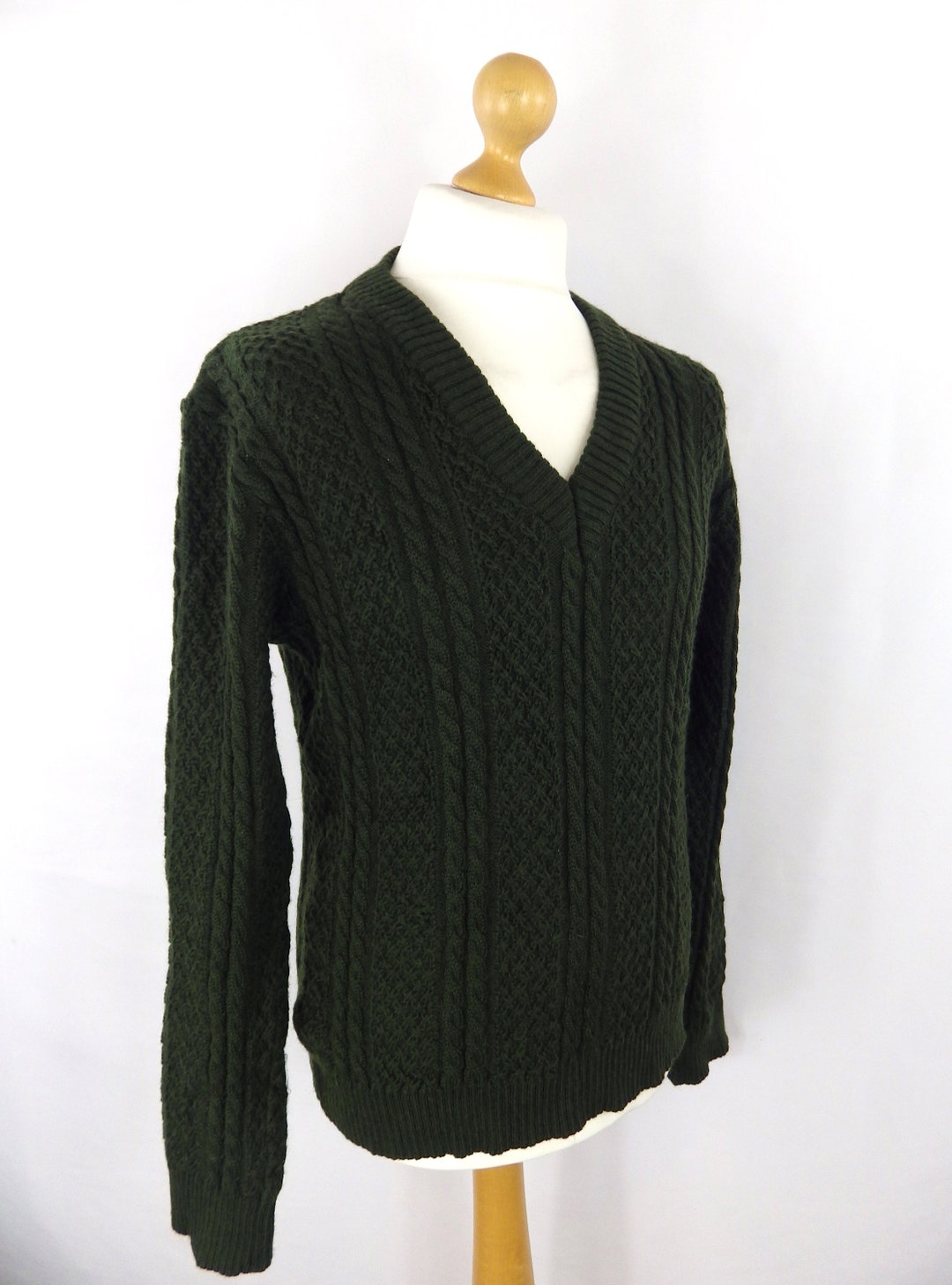 Vintage German Preppy Green V Neck Pure New Wool Cable Aran Knit ...