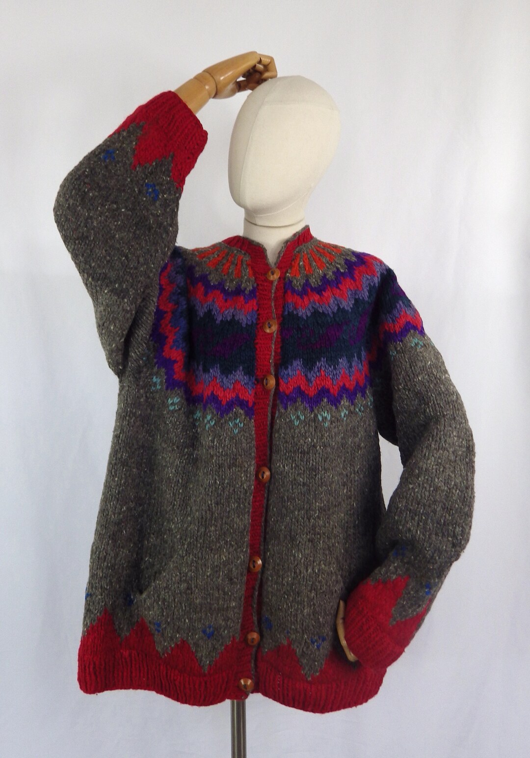 Vintage Chunky Hand Knit Fair Isle Wool Cardigan Sweater Grey Pink ...