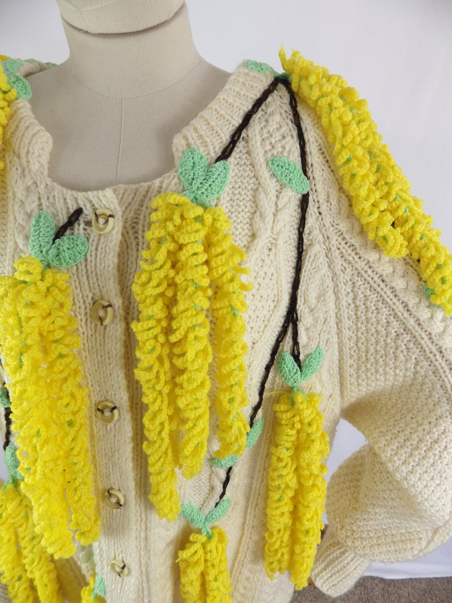Vintage lingering Laburnum Hand Knit Applique Statement Cardigan Cream ...