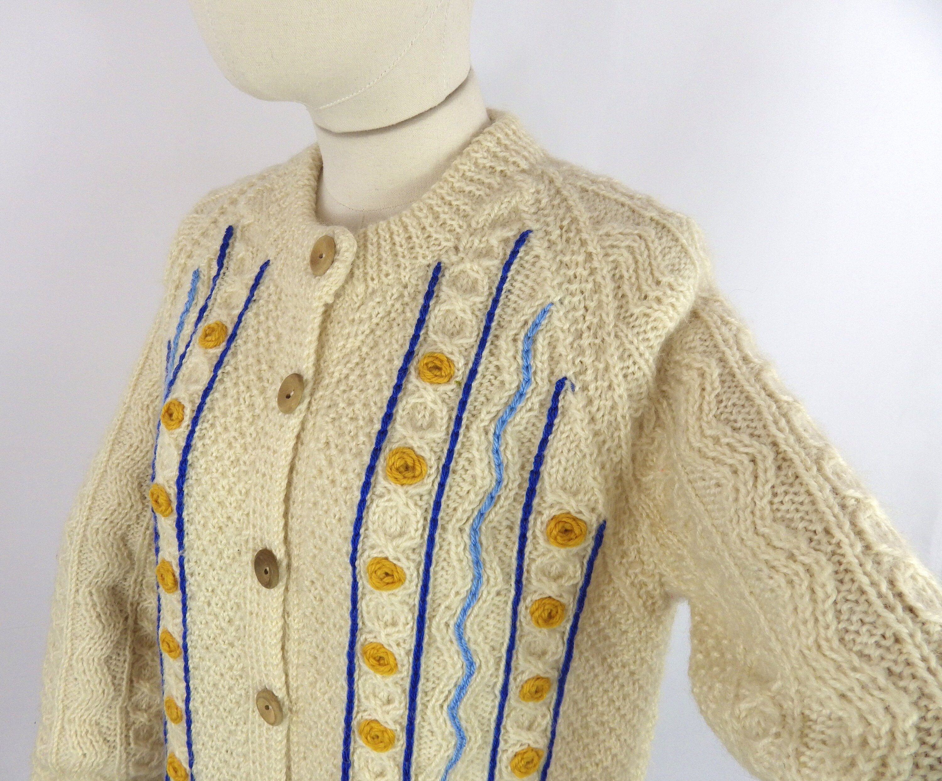 Vintage Hand Knit Wool Cardigan: Majorelle Embroidered Aran Sweater, M ...