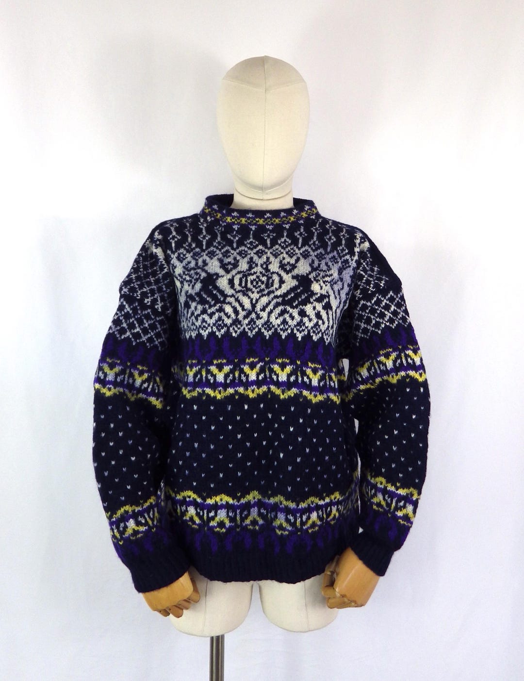 Vintage Chunky Hand Knit Fair Isle Navy Blue Purple White Wool Sweater ...