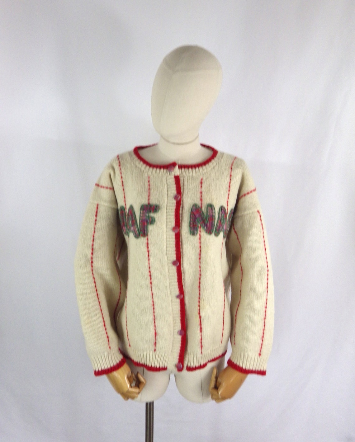 Rare Vintage Naf Naf Pure Wool Applique Cardigan Cream Tartan Bust 43 ...