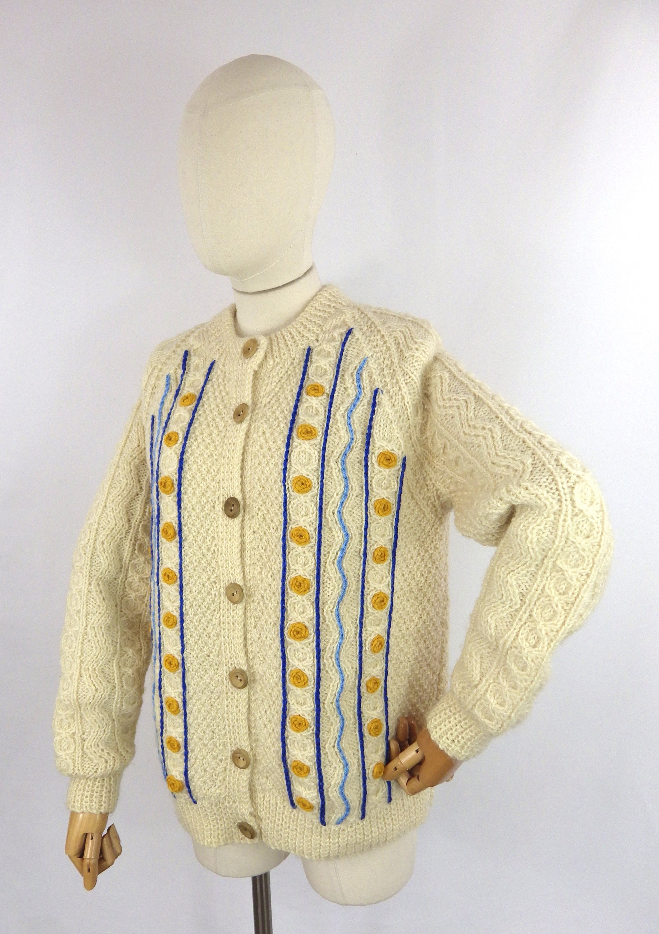 Vintage Hand Knit Wool Cardigan: Majorelle Embroidered Aran Sweater, M ...