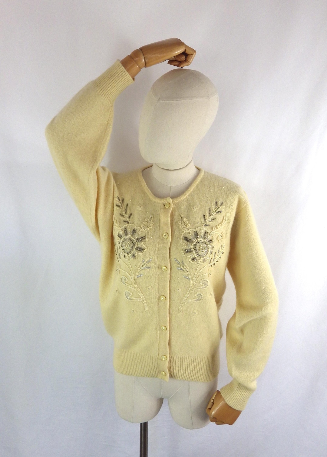 Vintage Cream Soft Angora Beaded Embroidered Cardigan Bust 41" Size 12 ...