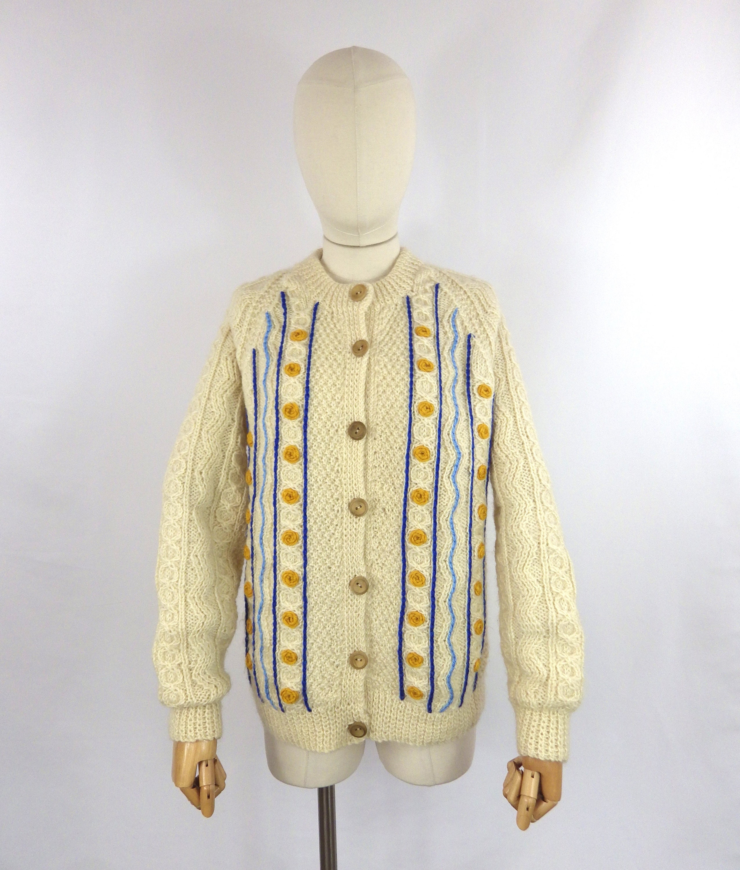 Vintage Hand Knit Wool Cardigan: Majorelle Embroidered Aran Sweater, M ...