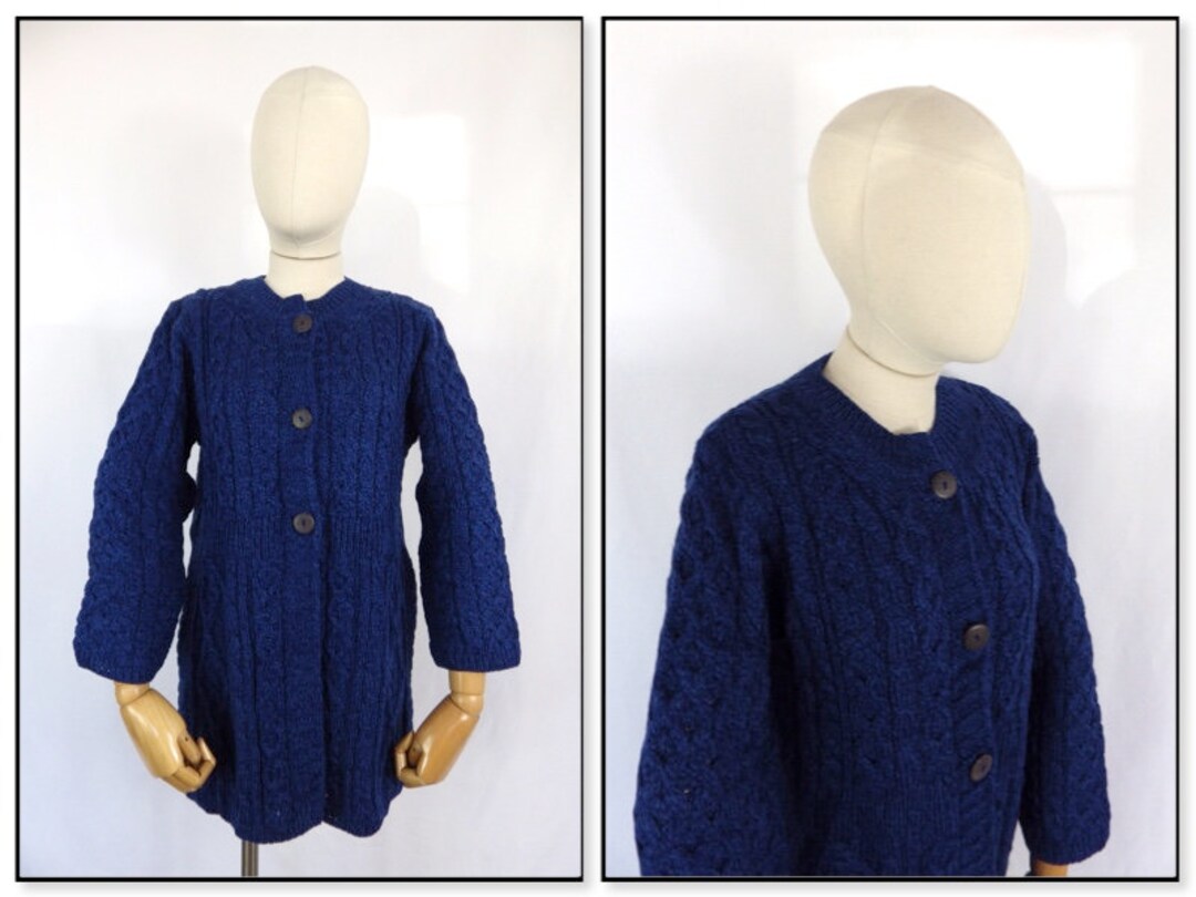 Vintage Kilronan Made in Ireland Merino Pure New Wool Blue Cable Knit ...