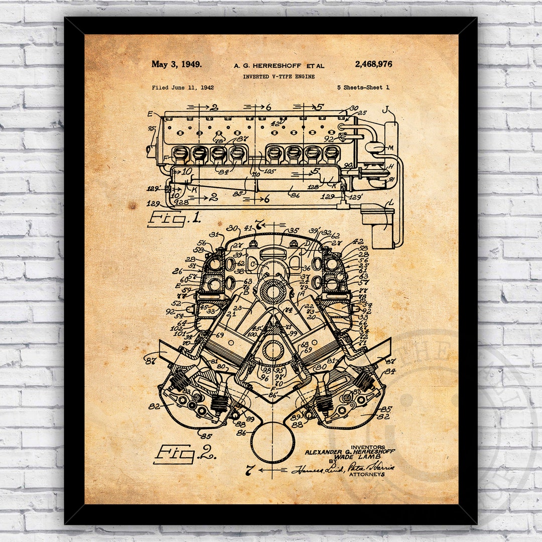 Patent Depicting Hemi V8 Engine Blueprint Wall Art Print Decor Size and ...