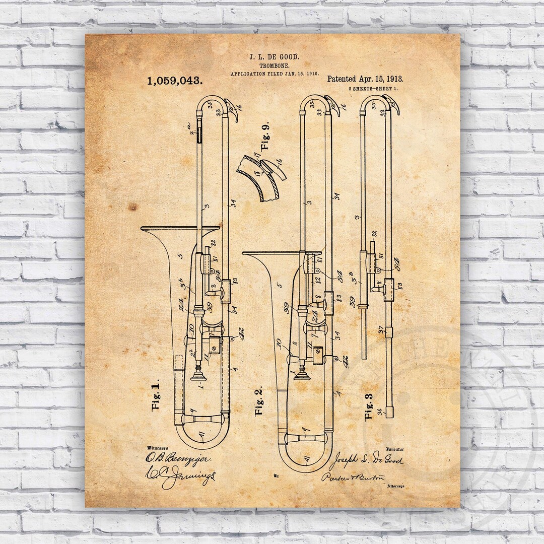 Trombone Brass Musical Instrument Patent Blueprint - Wall Art Print ...