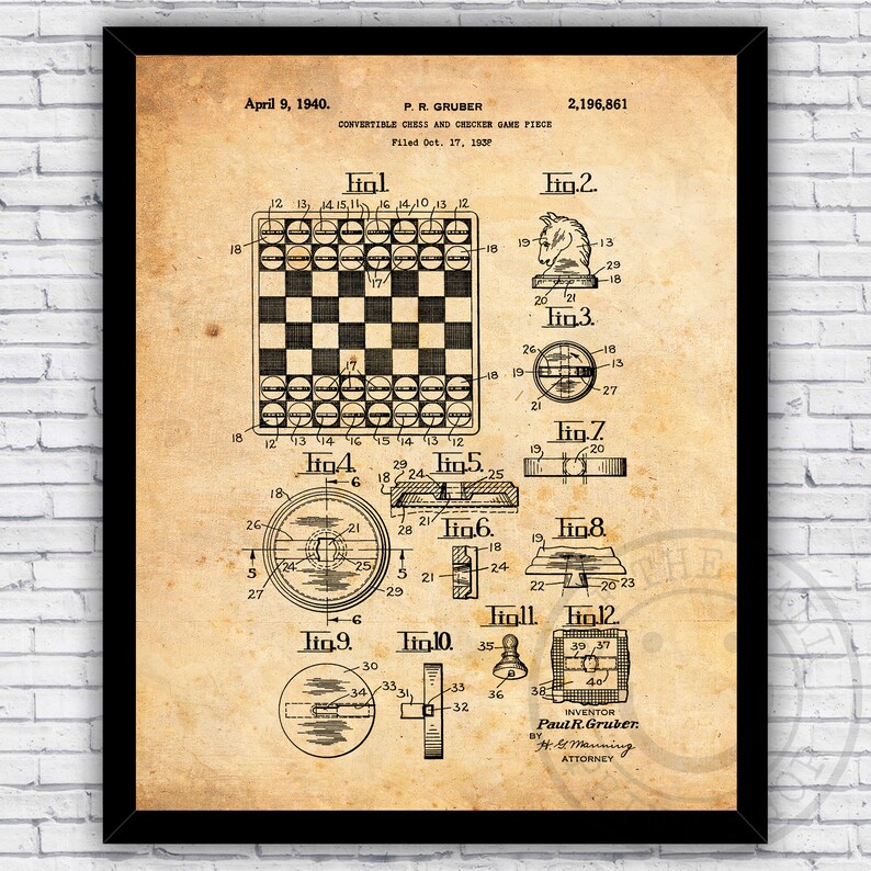 Convertible Chess Checkers Board Game Patent Blueprint Wall | Etsy
