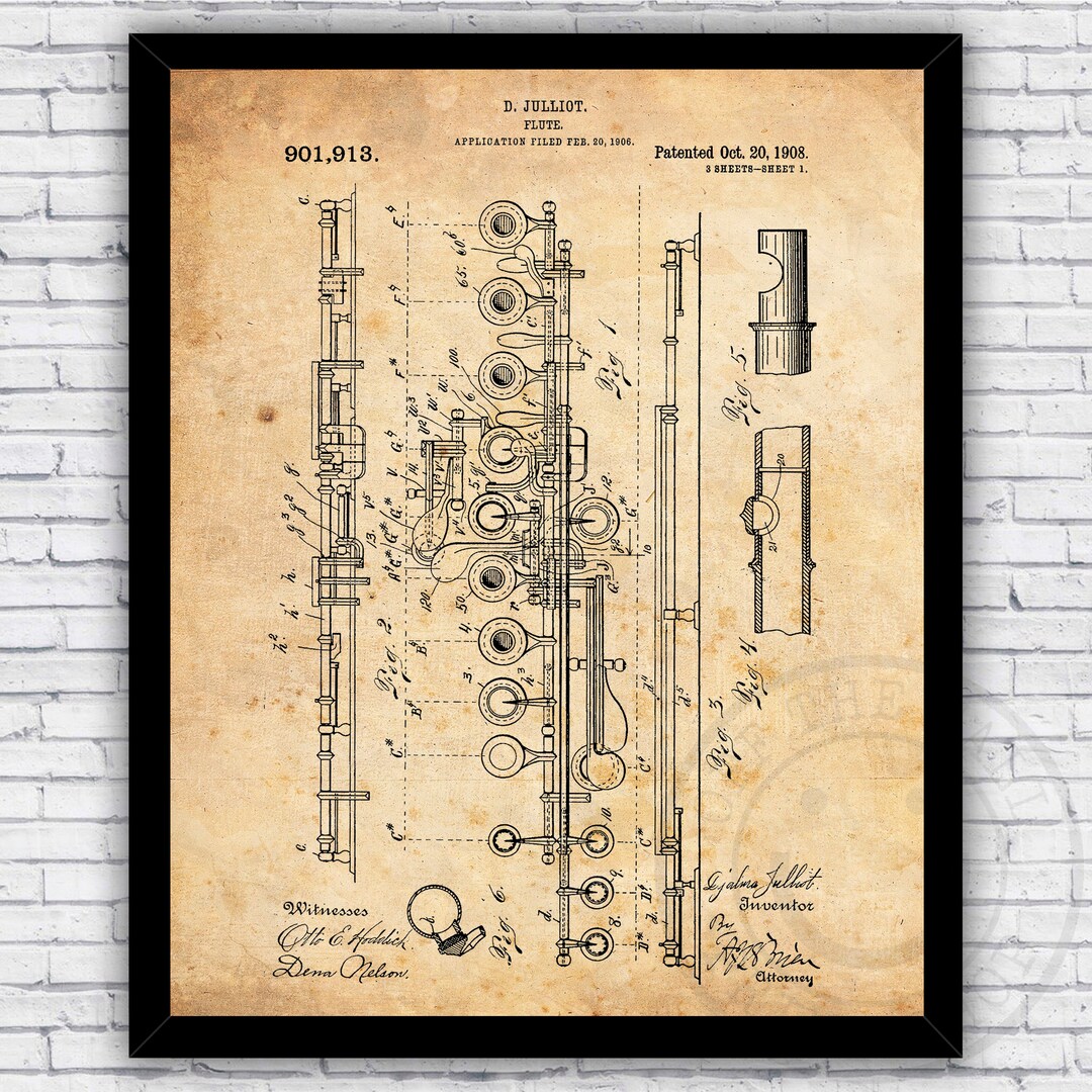 Flute Brass Musical Band Instrument Patent Blueprint - Wall Art Print ...