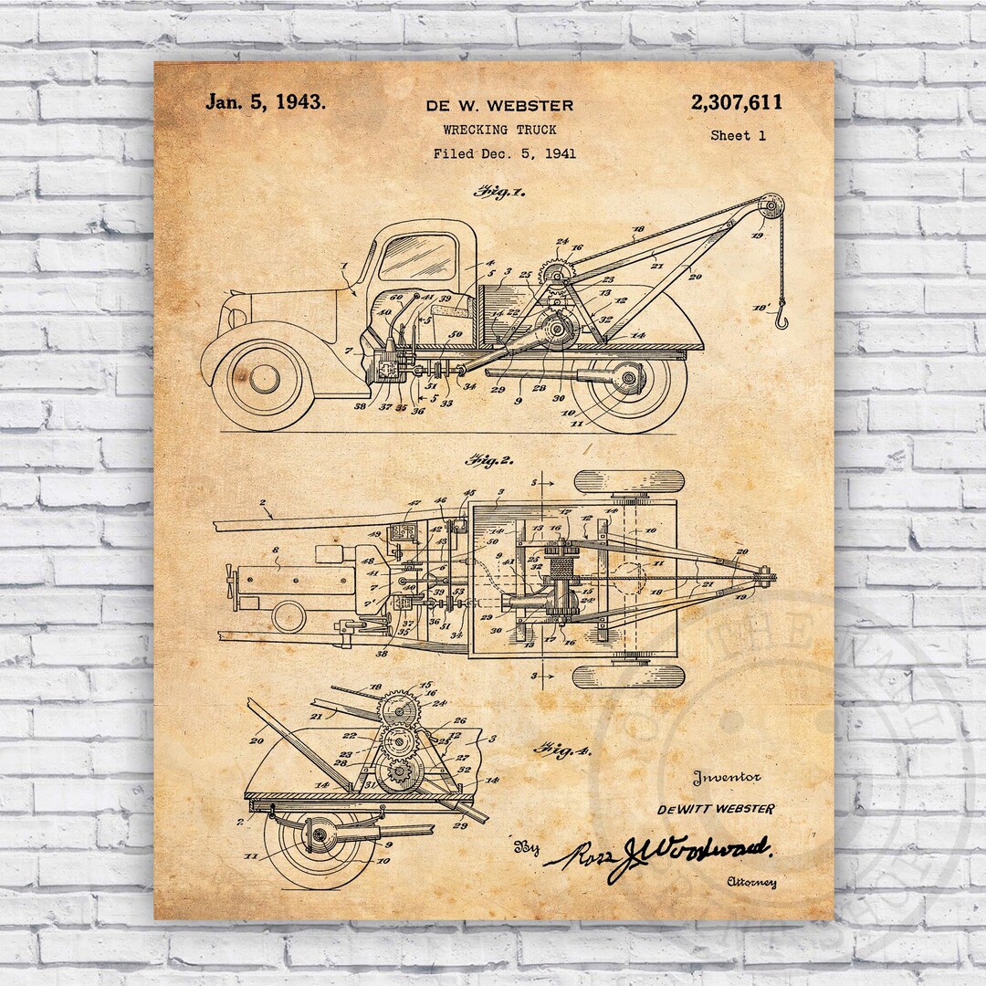 Tow Truck Wrecker Patent Blueprint - Wall Art Print Decor - Size ...