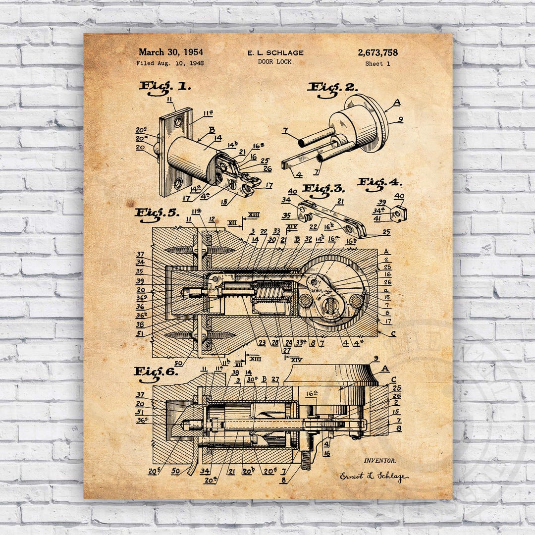 Deadbolt Door Lock Patent Blueprint - Wall Art Print Decor - Size and ...
