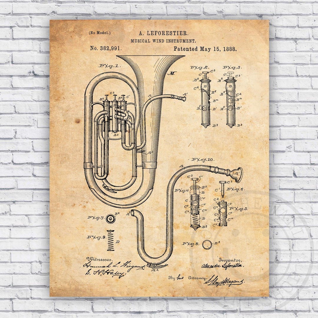 Tuba Brass Musical Instrument Patent Blueprint - Wall Art Print Decor ...