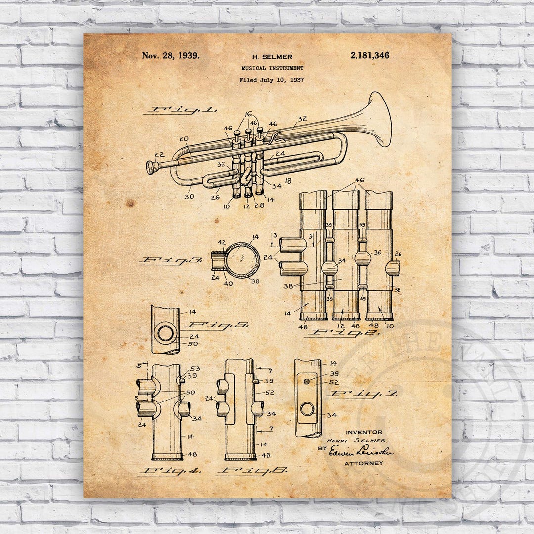 Trumpet Brass Musical Instrument Patent Blueprint - Wall Art Print ...