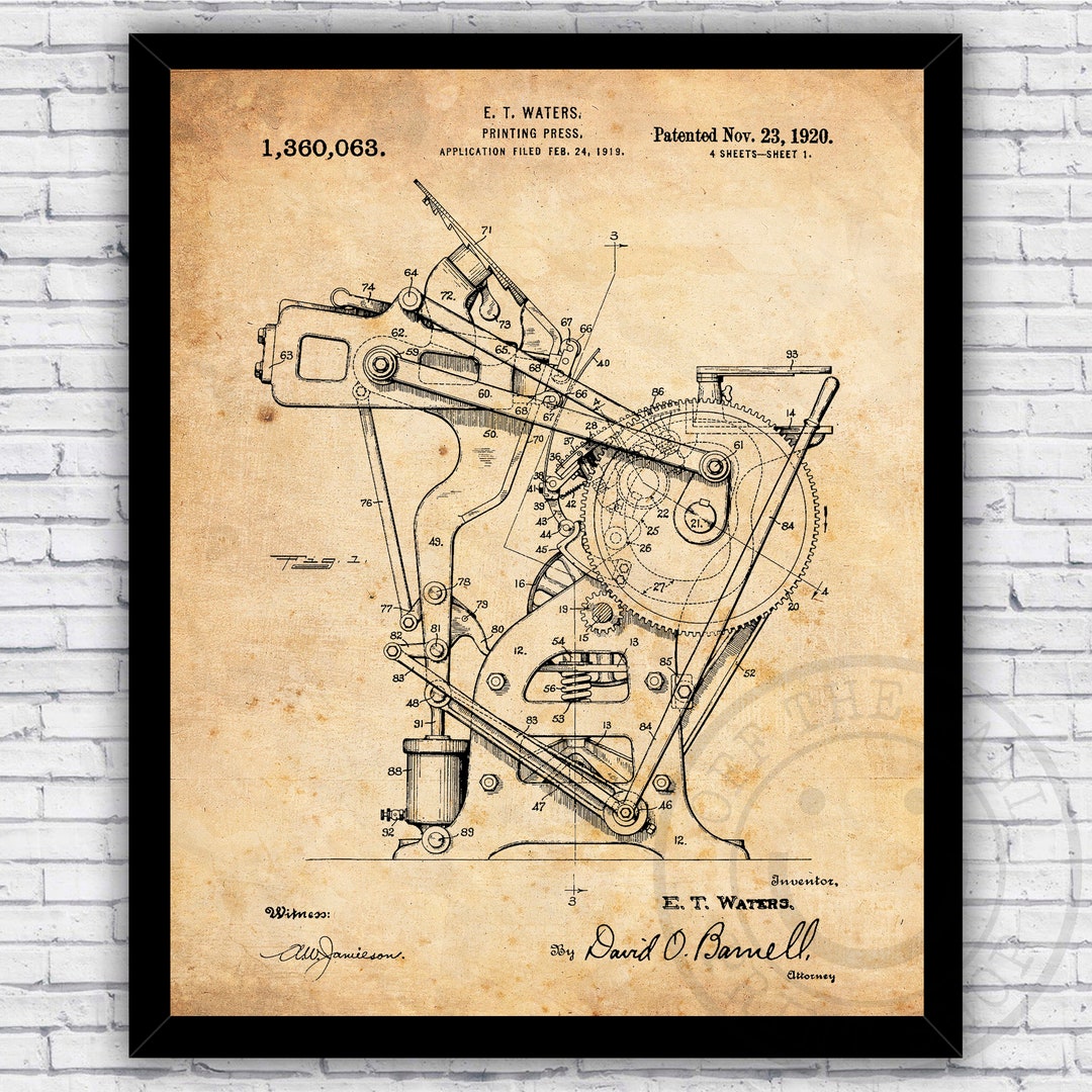 Printing Press Patent Blueprint - Wall Art Print Decor - Size and Frame ...