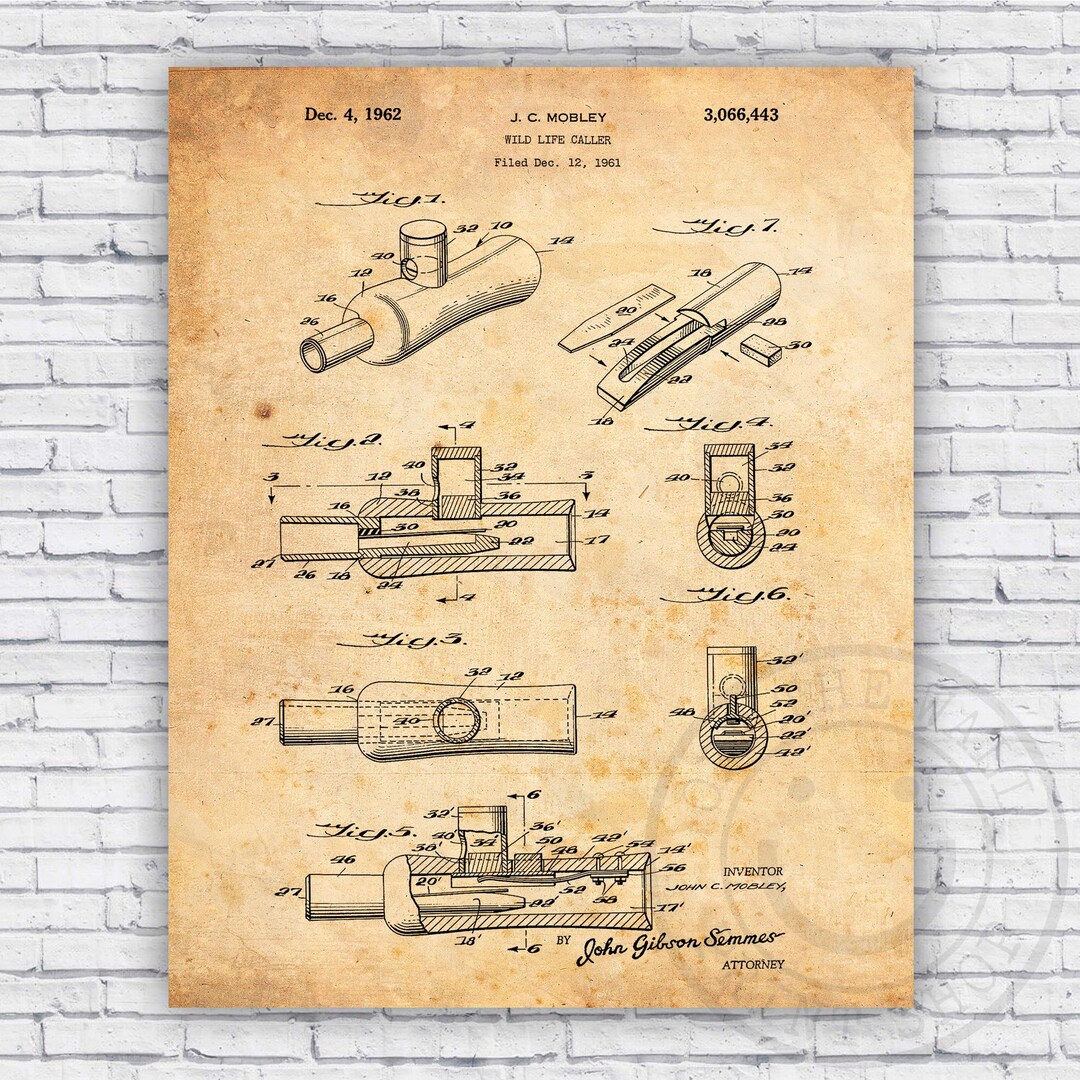 Duck Hunting Wildlife Call Patent Blueprint - Wall Art Print Decor ...
