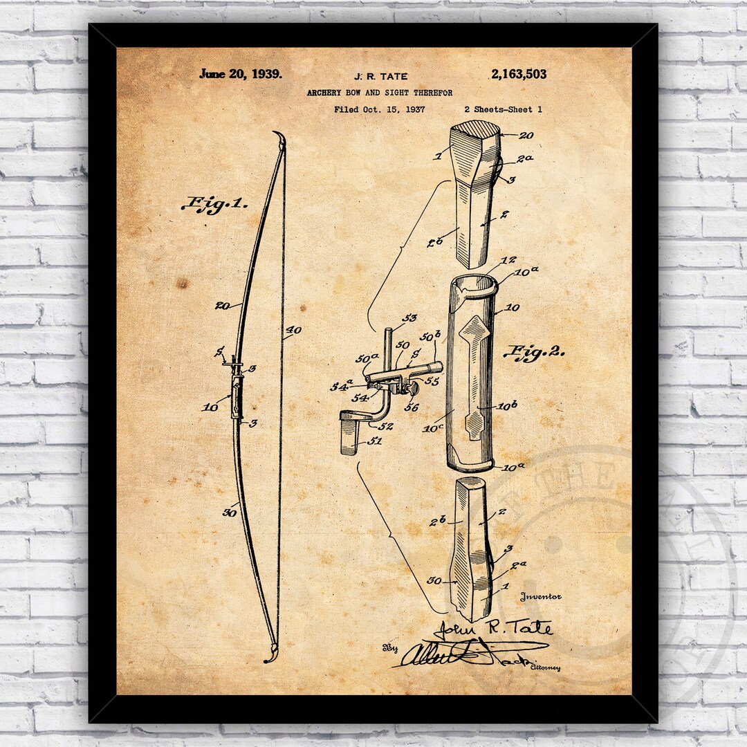 Archery Wooden Bow & Sight Patent Blueprint - Wall Art Print Decor ...