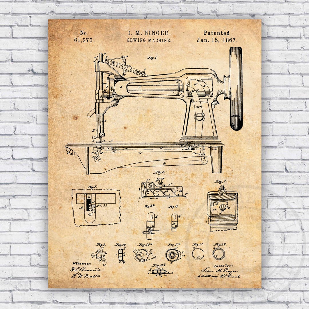 Sewing Machine 1800s Patent Blueprint - Wall Art Print Decor - Size ...