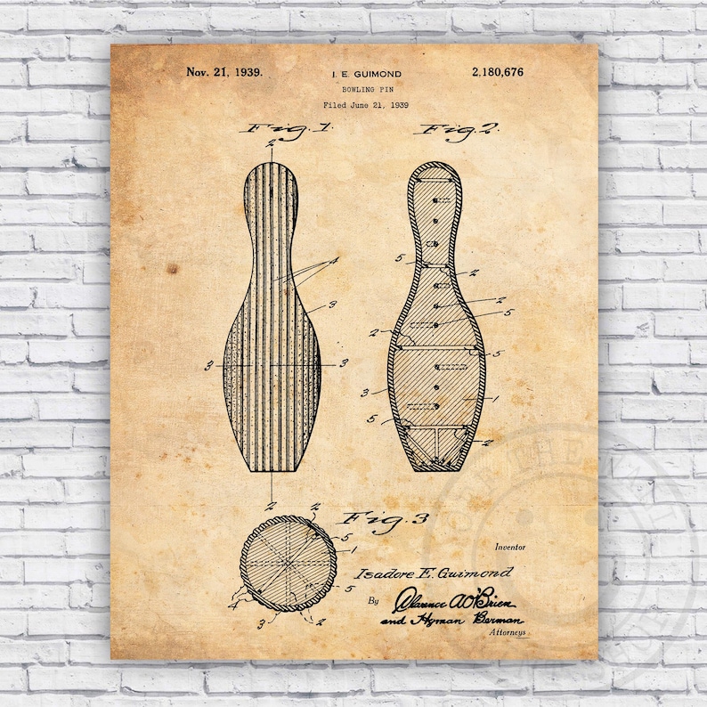 Bowling Pin Patent Blueprint - Wall Art Print Decor - Size Options - Etsy