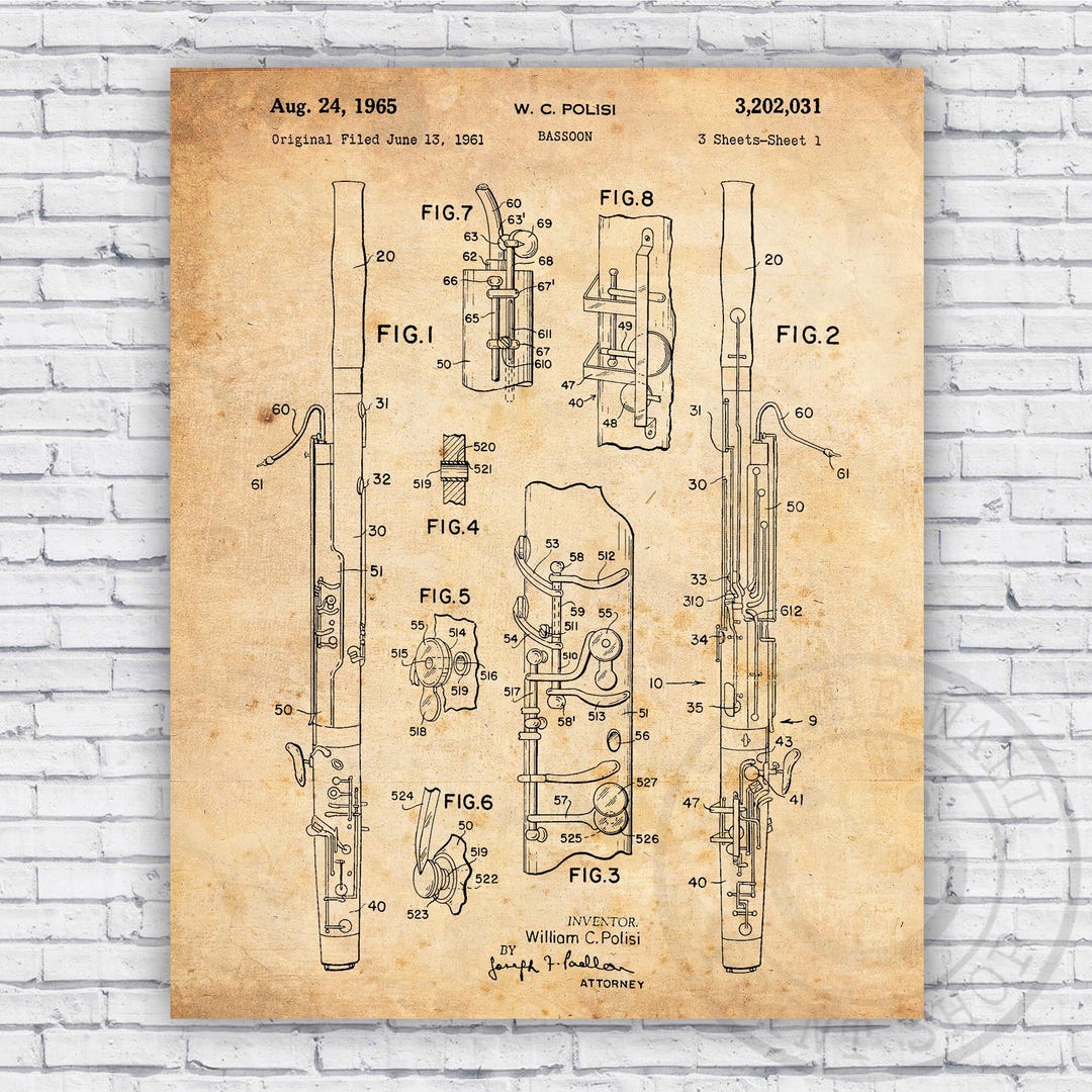 Bassoon Woodwind Patent Blueprint - Wall Art Print Decor - Size Options ...