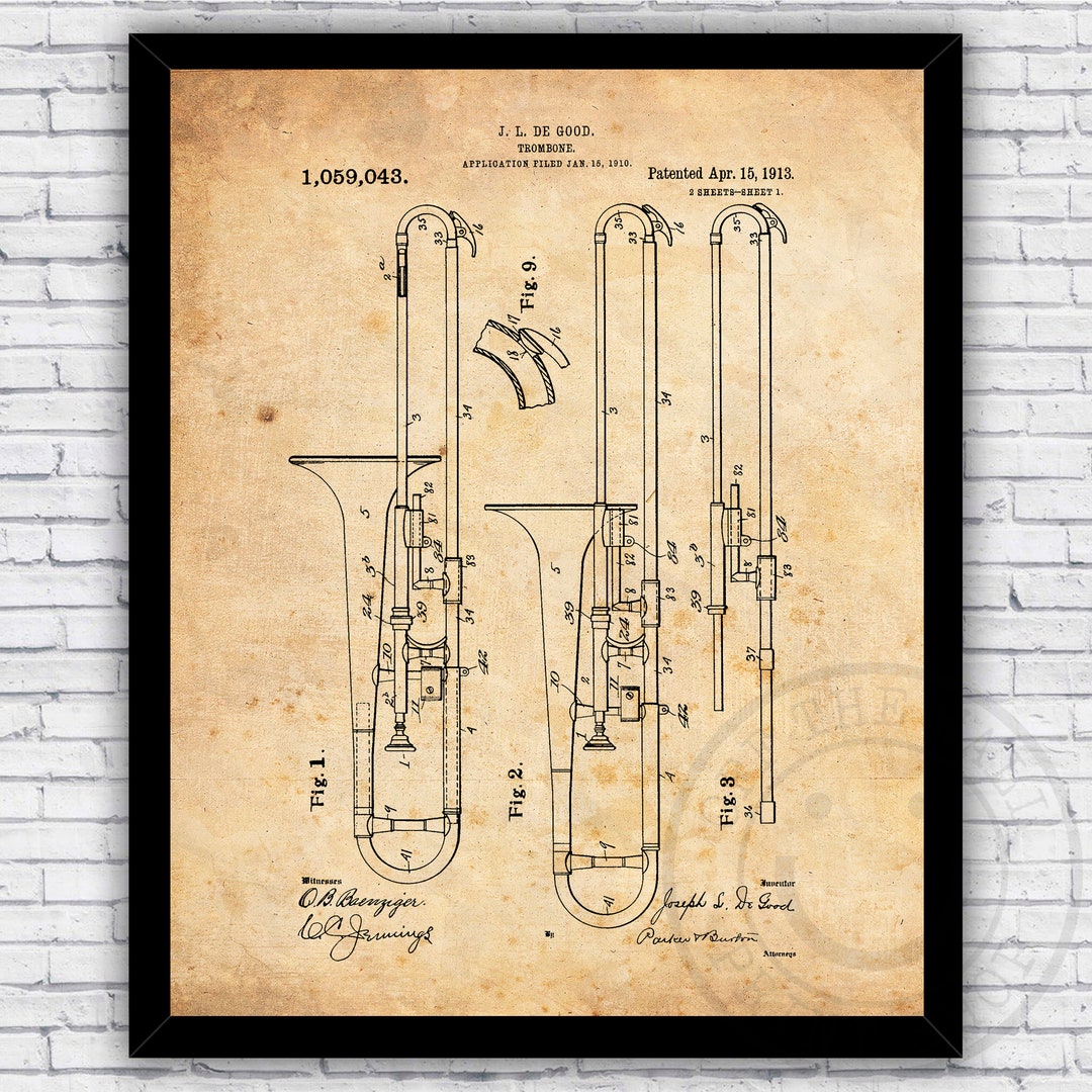 Trombone Brass Musical Instrument Patent Blueprint Wall Art Print Decor ...