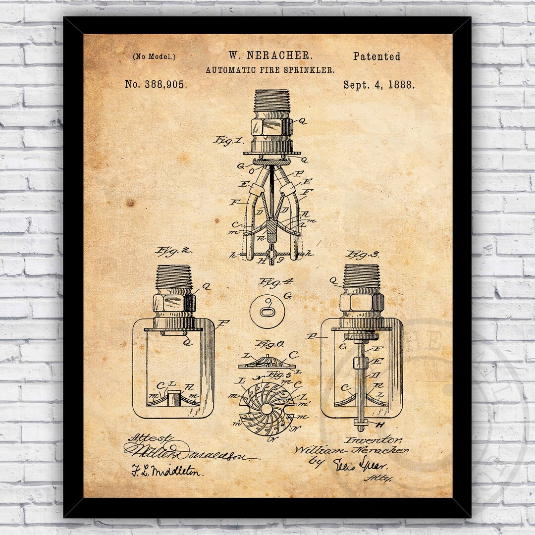 Fire Sprinkler Patent Blueprint - Wall Art Print Decor - Size and Frame ...
