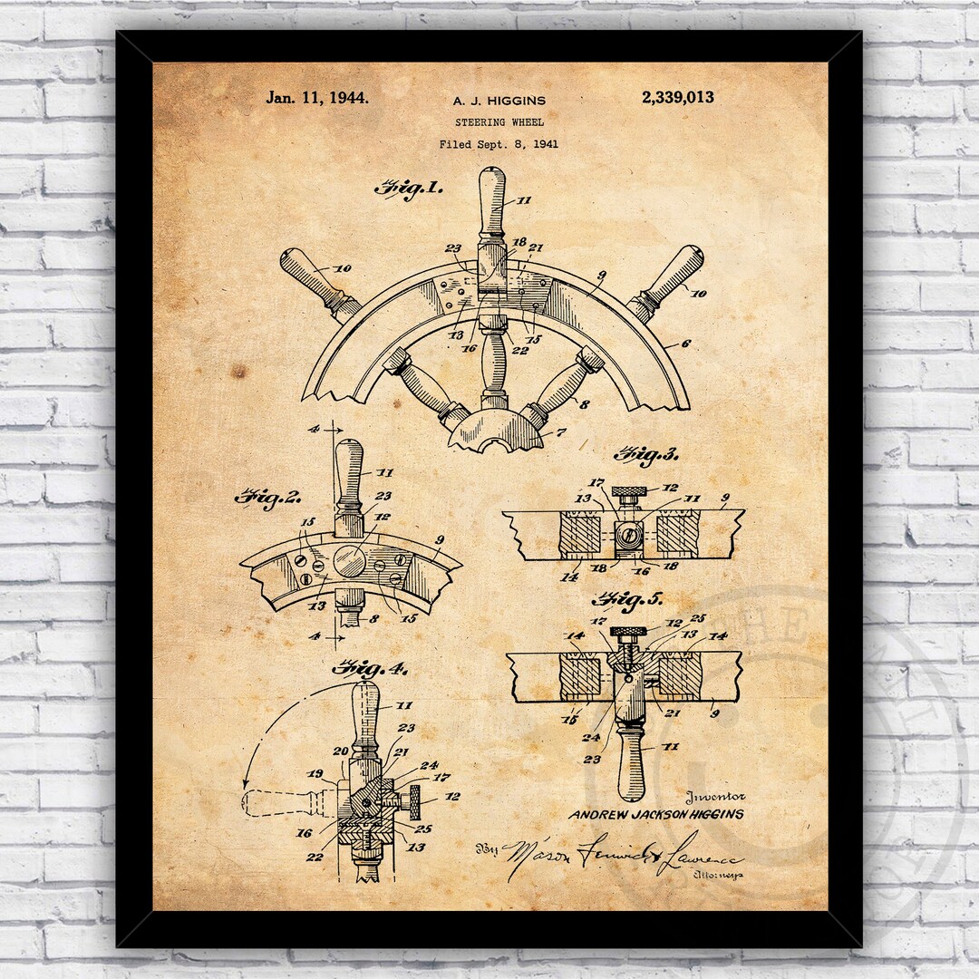 Nautical Ship Boat Steering Wheel Patent Blueprint - Wall Art Print ...