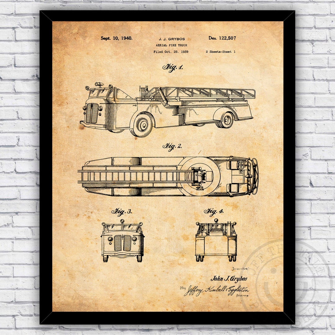 Firefighter Fire Truck Aerial Ladder Patent Blueprint Wall Art Print ...
