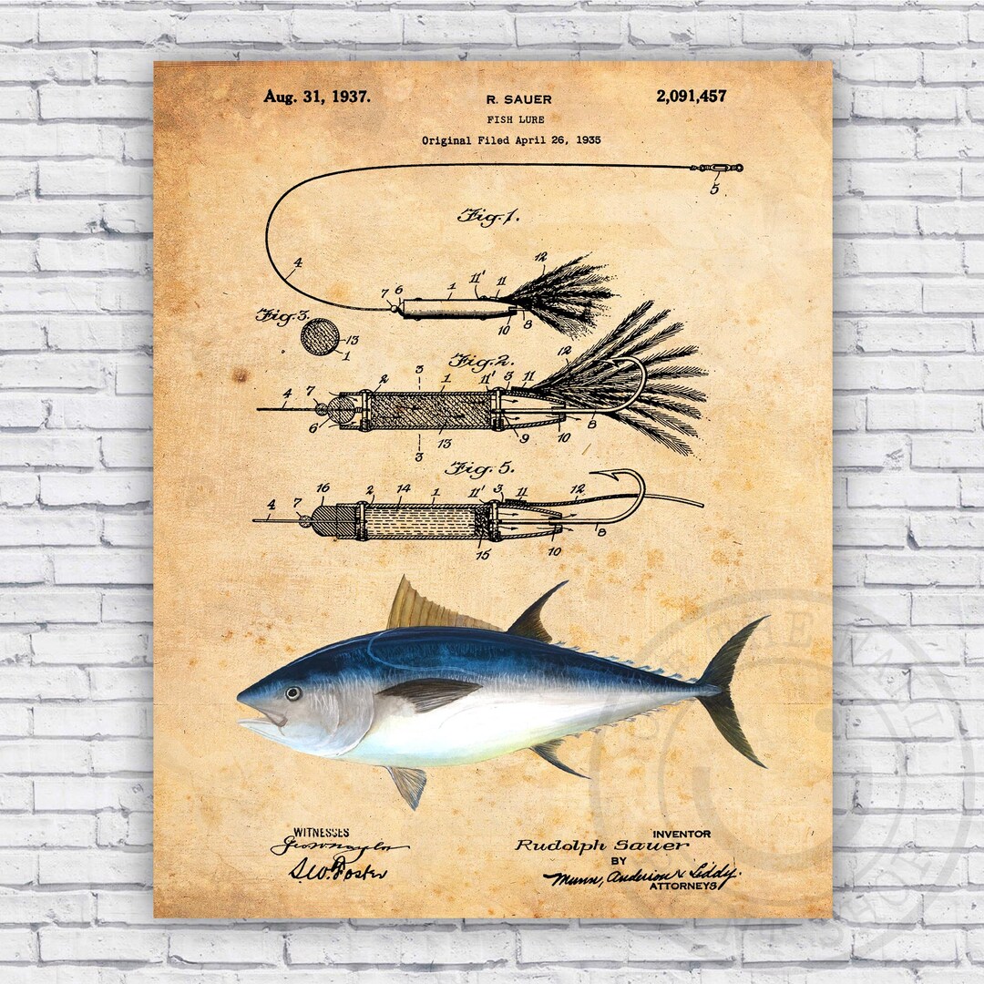 Bluefin Tuna Fishing Lure Hook Patent Blueprint - Wall Art Print Decor ...