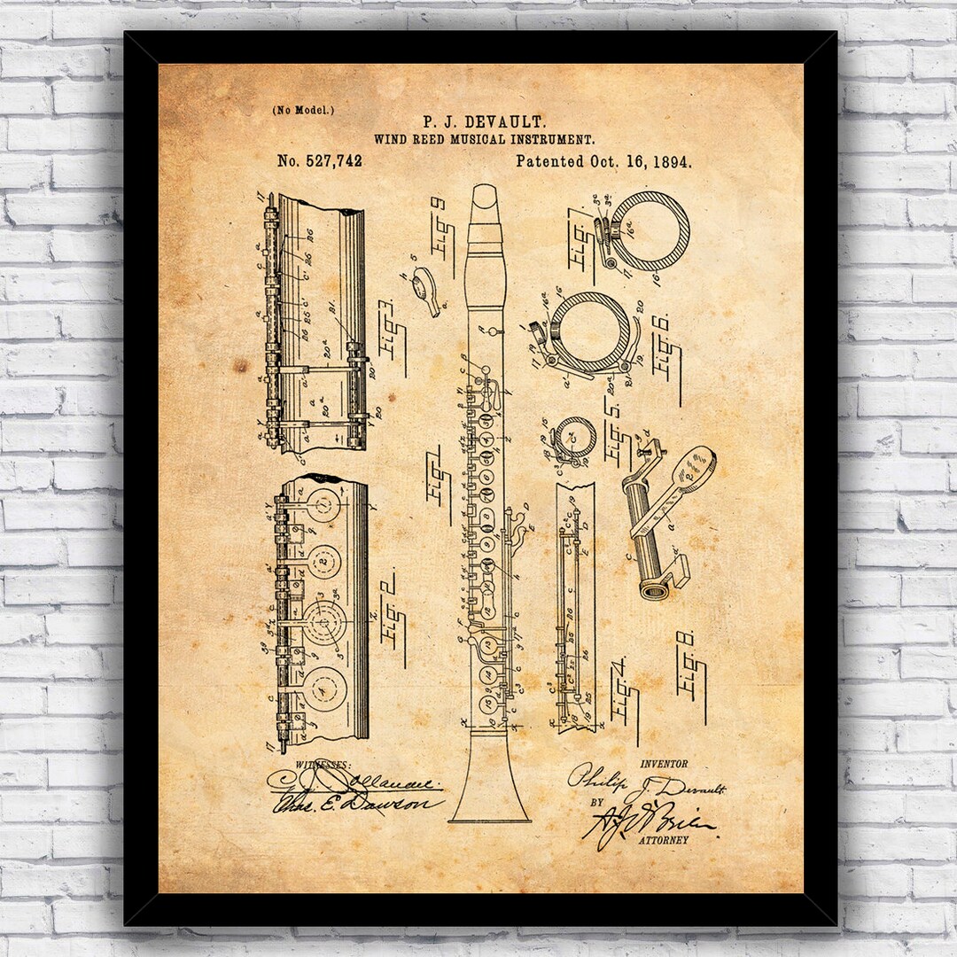Clarinet Woodwind Music Instrument Patent Blueprint Wall Art Print ...
