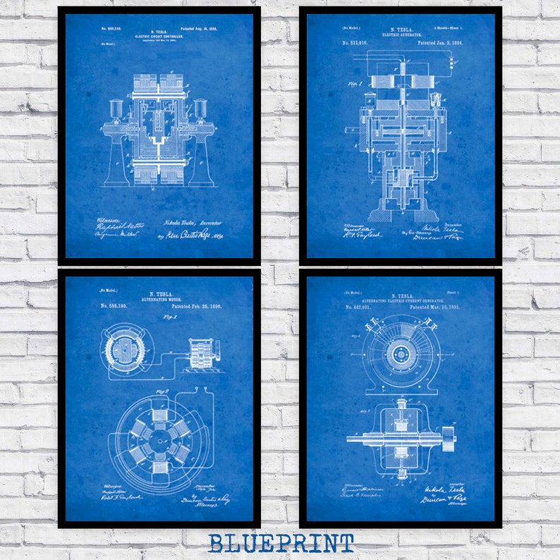 Nikola Tesla Electrical Engineering Patent Blueprints - Wall Art Decor ...