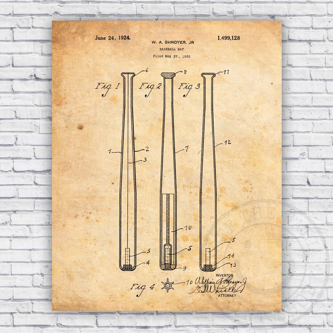 Baseball Bat Patent Blueprint - Wall Art Print Decor - Size Options - Etsy