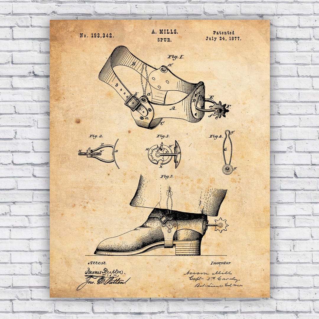 Cowboy Spur Patent Blueprint - Wall Art Print Decor - Size Options - Etsy
