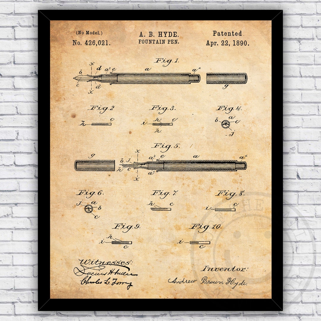 Fountain Pen Patent Blueprint - Wall Art Print Decor - Size and Frame ...