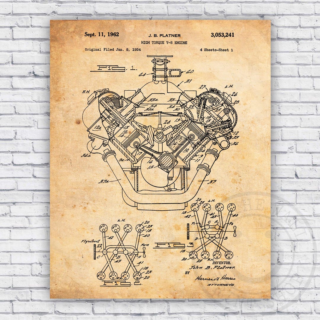 High Torque V8 Engine Patent Blueprint Wall Art Print Decor - Size ...