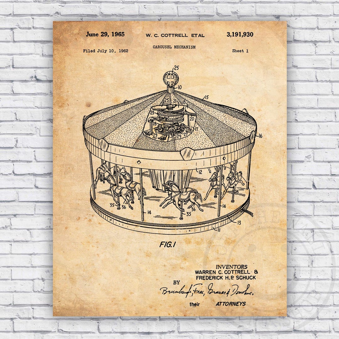 Carousel Patent Blueprint - Wall Art Print Decor - Size Options - Etsy
